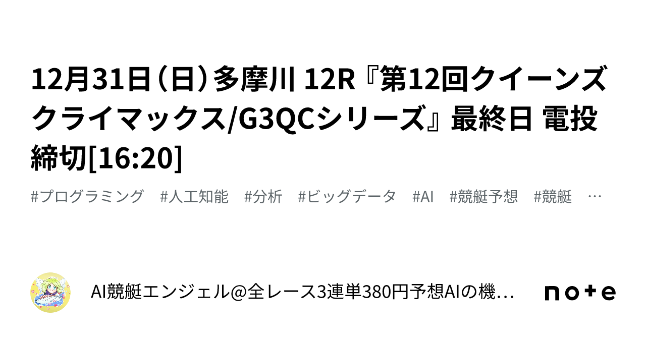 12月31日（日）多摩川 12R 『第12回クイーンズクライマックス/G3QCシリーズ』 最終日 電投締切[16:20]｜AI競艇エンジェル@全レース3連単380円予想 AIの機械学習で驚異の ...