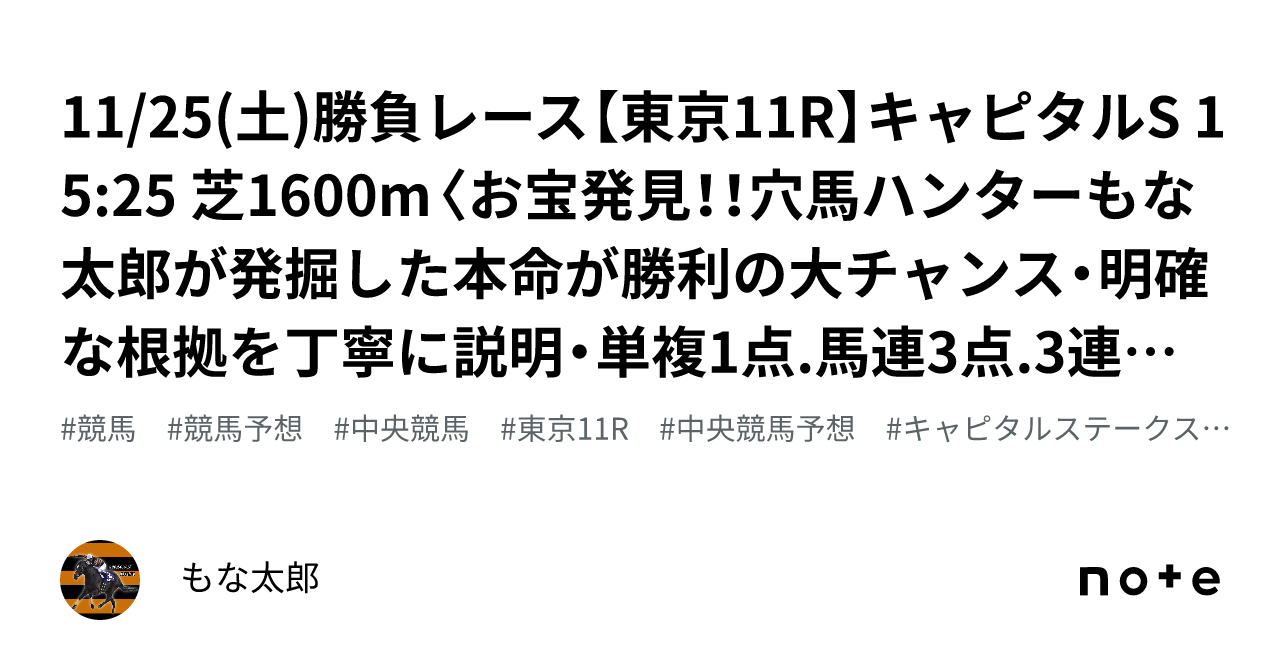 11/25(土)🏆勝負レース🏆【東京11R】キャピタルS 15:25 芝1600m〈お宝発見！！穴馬ハンターもな太郎が発掘した本命が勝利の大チャンス・明確な根拠を丁寧に説明・単複1点.馬連3点 ...