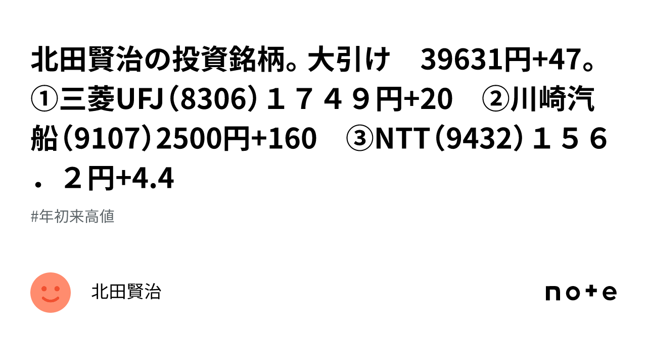 🌸北田賢治の投資銘柄。大引け 39631円+47。①三菱UFJ（8306）1749円+20 ②川崎汽船（9107）2500円+160 ③NTT（9432）156．2円+4.4｜北田賢治