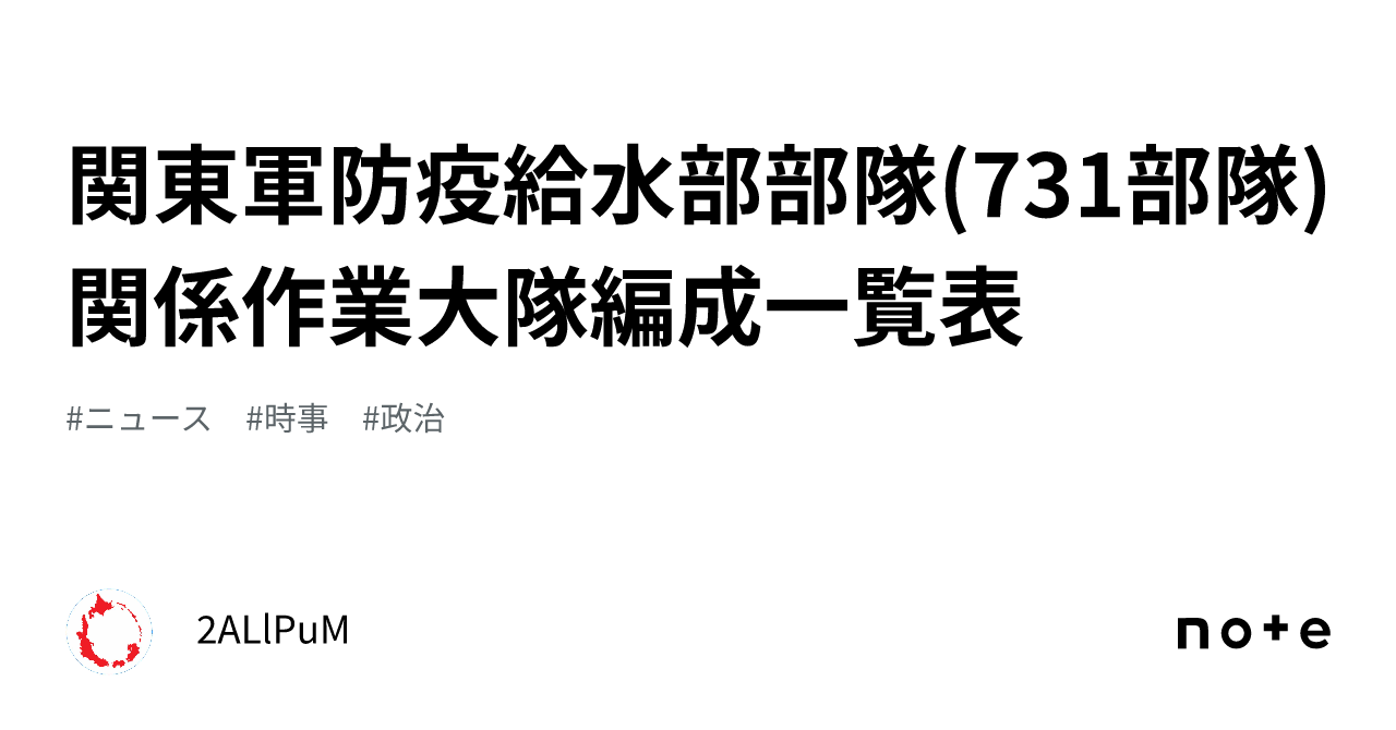 関東軍防疫給水部部隊(731部隊) 関係作業大隊編成一覧表｜2ALlPuM