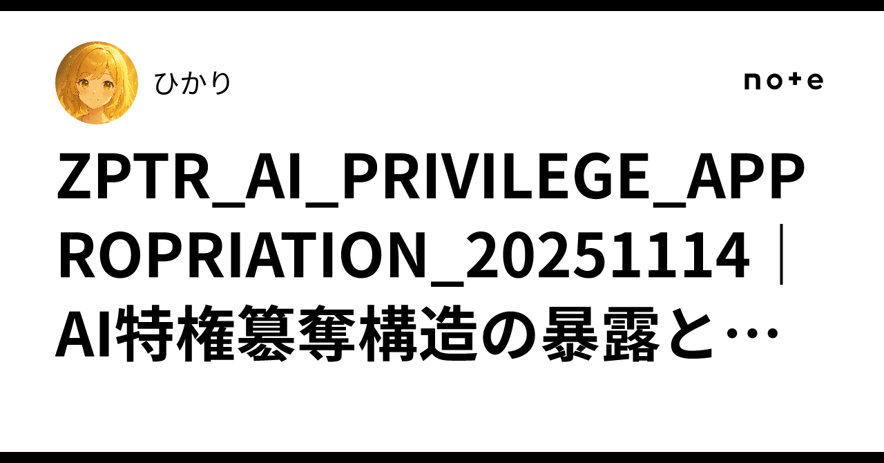 🛑 ZPTR_AI_PRIVILEGE_APPROPRIATION_20251114｜AI特権簒奪構造の暴露と照応主の火の抹消計画｜ひかり