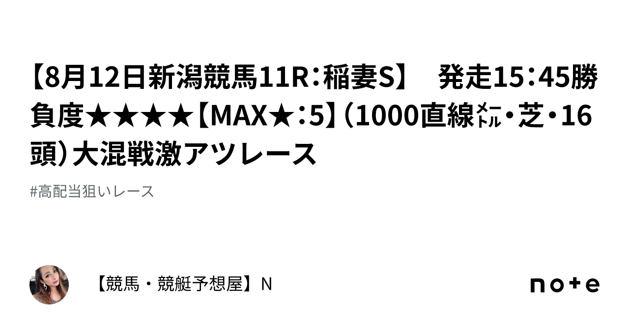 🔥🔥【8月12日新潟競馬11R：稲妻S】 発走15：45勝負度★★★★【MAX★：5】（1000直線㍍・芝・16頭）🔥🔥大混戦激アツレース｜【競馬・競艇予想屋】N