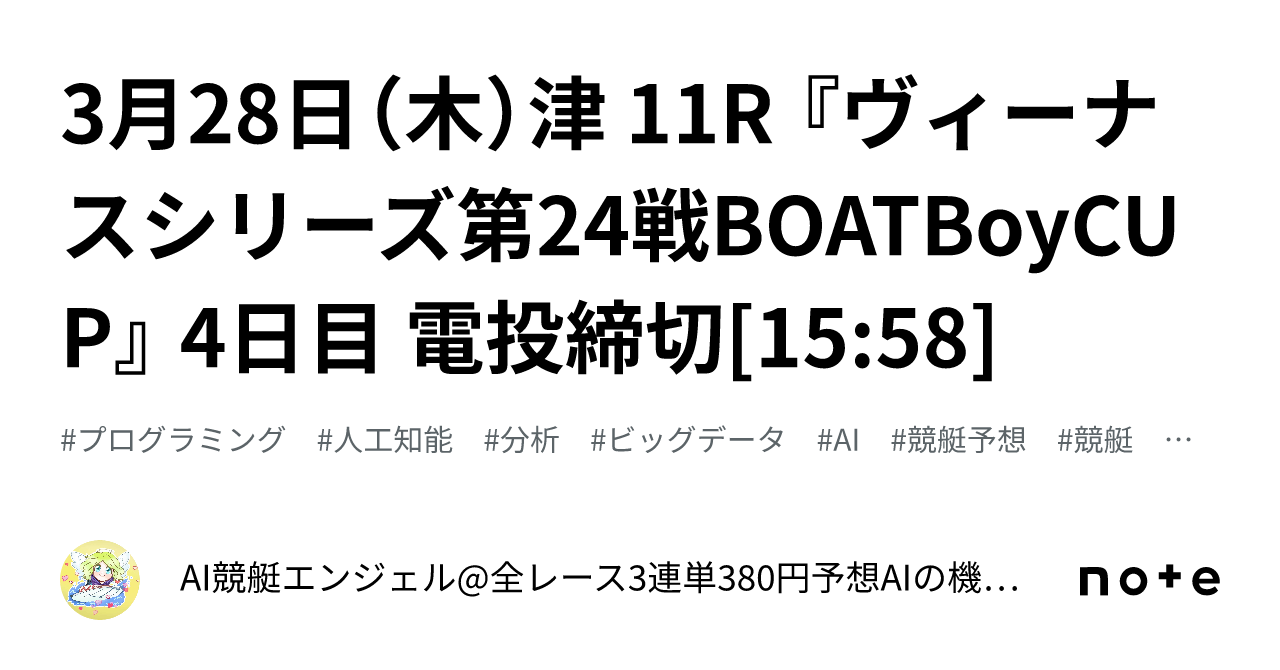 3月28日（木）津 11R 『ヴィーナスシリーズ第24戦BOATBoyCUP』 4日目 電投締切[15:58]｜AI競艇エンジェル@全レース3連単380円予想 AIの機械学習で驚異の的中率 ...