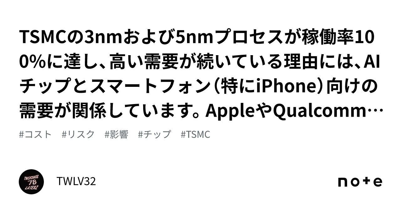 TSMCの3nmおよび5nmプロセスが稼働率100%に達し、高い需要が続いている理由には、AIチップとスマートフォン（特にiPhone）向けの需要が関係しています。AppleやQualcomm ...
