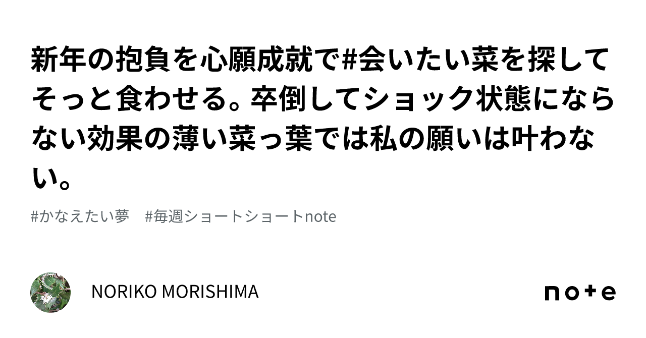 新年の抱負を心願成就で#会いたい菜を探してそっと食わせる。卒倒してショック状態にならない効果の薄い菜っ葉では私の願いは叶わない。｜NORIKO MORISHIMA