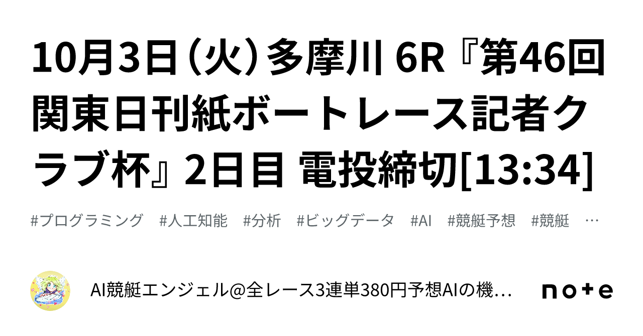 10月3日（火）多摩川 6R 『第46回関東日刊紙ボートレース記者クラブ杯』 2日目 電投締切[13:34]｜AI競艇エンジェル@全レース3連単380円予想 AIの機械学習で驚異の的中率＆回収 ...