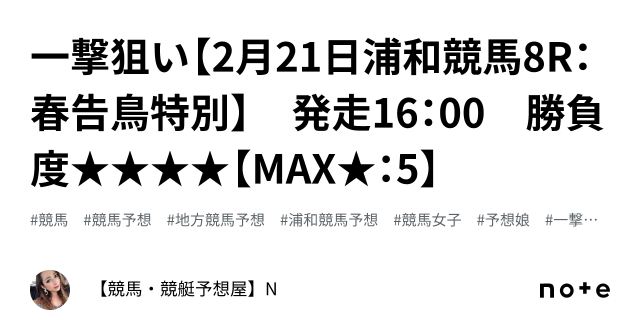 🔥🔥一撃狙い【2月21日浦和競馬8R：春告鳥特別】 発走16：00 勝負度★★★★【MAX★：5】｜【競馬・競艇予想屋】N