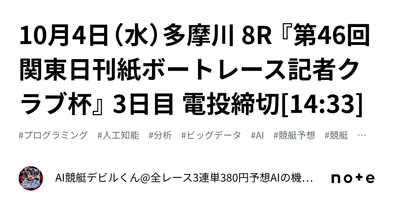 10月4日（水）多摩川 8R 『第46回関東日刊紙ボートレース記者クラブ杯』 3日目 電投締切[14:33]｜AI競艇デビルくん@全レース3連単380円予想 AIの機械学習で驚異の的中率＆回収 ...
