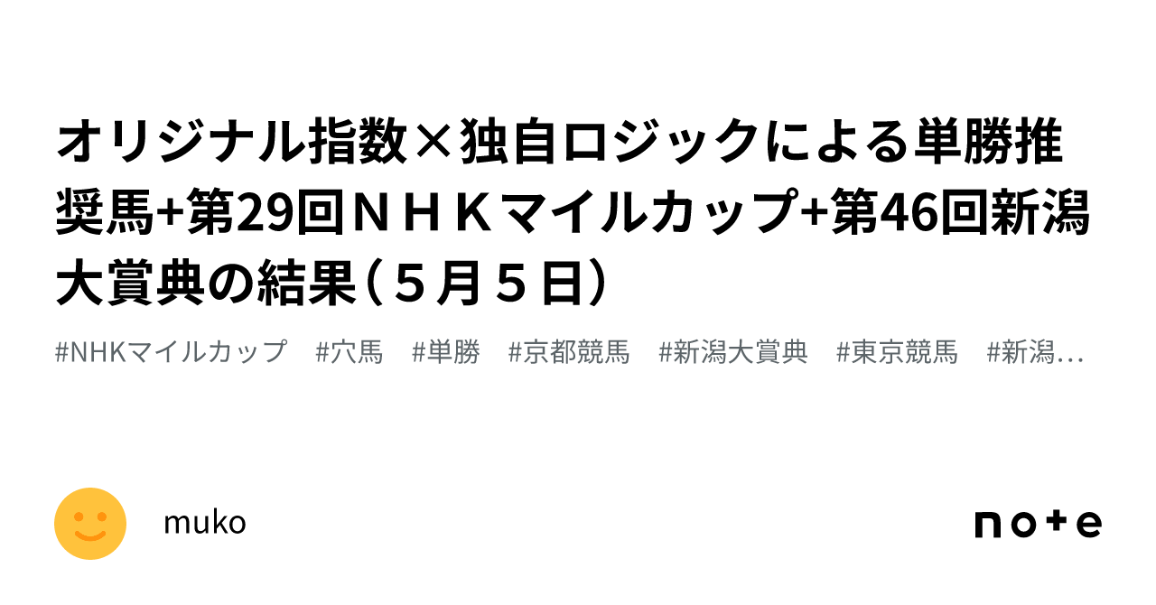 オリジナル指数×独自ロジックによる単勝推奨馬+第29回NHKマイルカップ+第46回新潟大賞典の結果（5月5日）｜muko