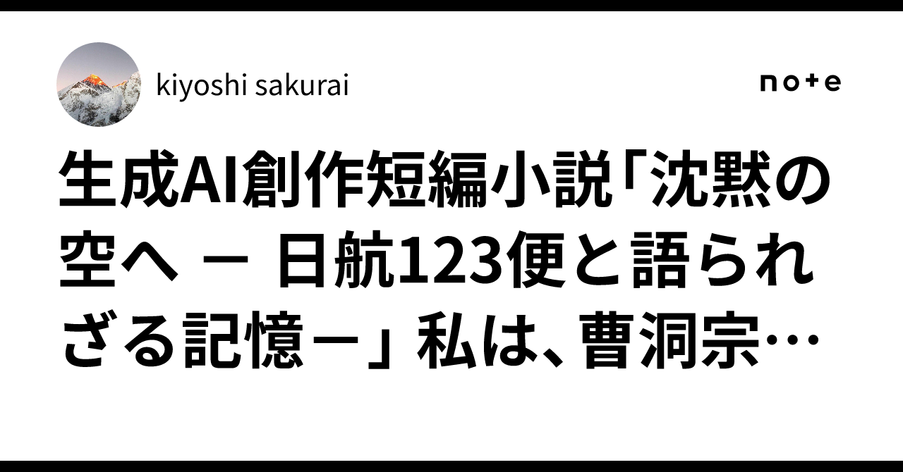 生成AI創作短編小説「沈黙の空へ － 日航123便と語られざる記憶－」 私は、曹洞宗雲水として、世界の寺院を巡ってきた。 ヒロシマ、ナガサキ、アウシュビッツ、カトマンズ、そして福島。 だが ...