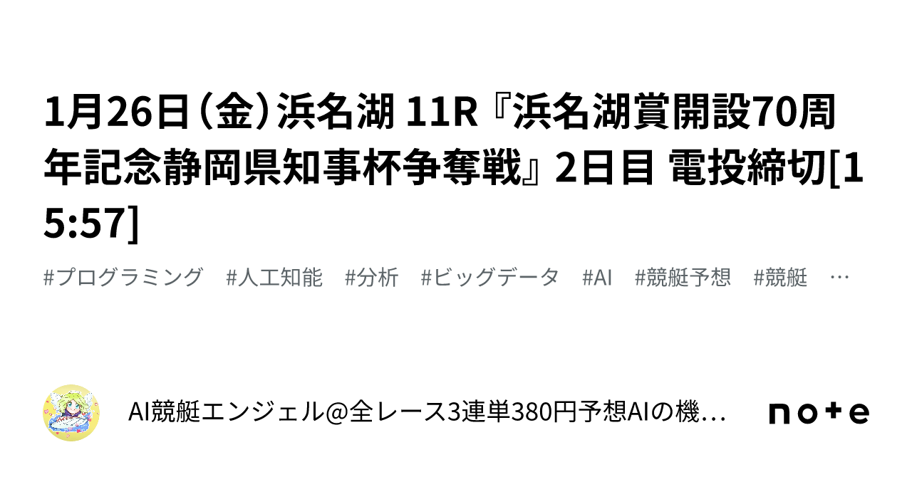 1月26日（金）浜名湖 11R 『浜名湖賞開設70周年記念静岡県知事杯争奪戦』 2日目 電投締切[15:57]｜AI競艇エンジェル@全レース3連単380円予想 AIの機械学習で驚異の的中率 ...