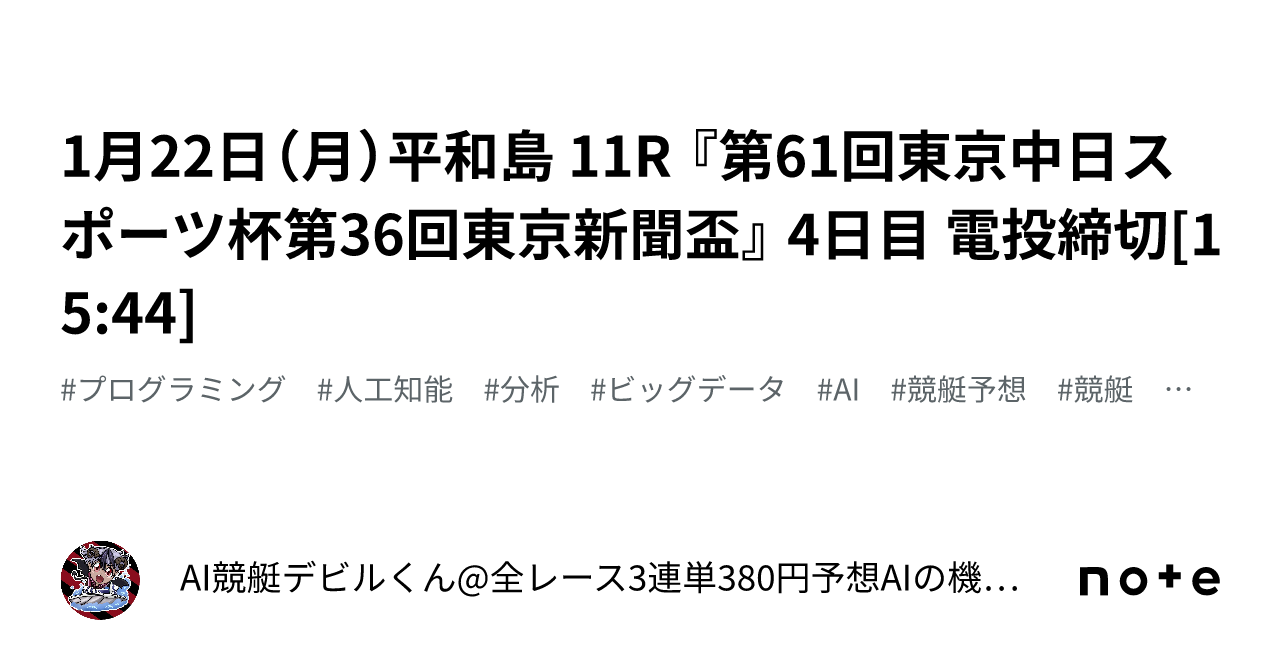 1月22日（月）平和島 11R 『第61回東京中日スポーツ杯第36回東京新聞盃』 4日目 電投締切[15:44]｜AI競艇デビルくん@全レース3連単380円予想 AIの機械学習で驚異の的中率 ...