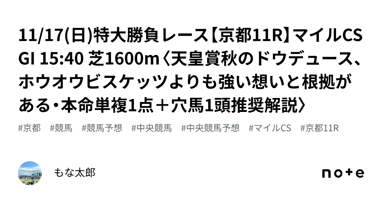 11/17(日)🏆特大勝負レース🏆【京都11R】マイルCS GI 15:40 芝1600m〈天皇賞秋のドウデュース、ホウオウビスケッツよりも強い想いと根拠がある・本命単複1点＋穴馬1頭推奨解説 ...