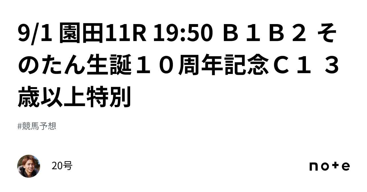 9/1 園田11R 19:50 B1B2 そのたん生誕10周年記念C1 3歳以上特別｜20号