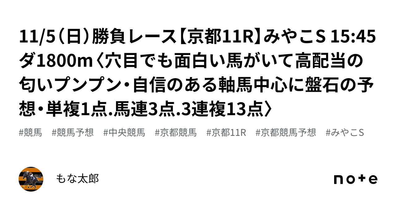 11/5（日）🏆勝負レース🏆【京都11R】みやこS 15:45 ダ1800m〈穴目でも面白い馬がいて高配当の匂いプンプン・自信のある軸馬中心に盤石の予想・単複1点.馬連3点.3連複13点〉｜もな太郎