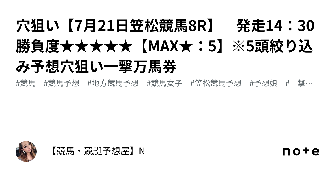 🔥🔥穴狙い【7月21日笠松競馬8R】 発走14：30勝負度★★★★★【MAX★：5】※5頭絞り込み予想🔥🔥穴狙い一撃万馬券｜【競馬・競艇予想屋】N