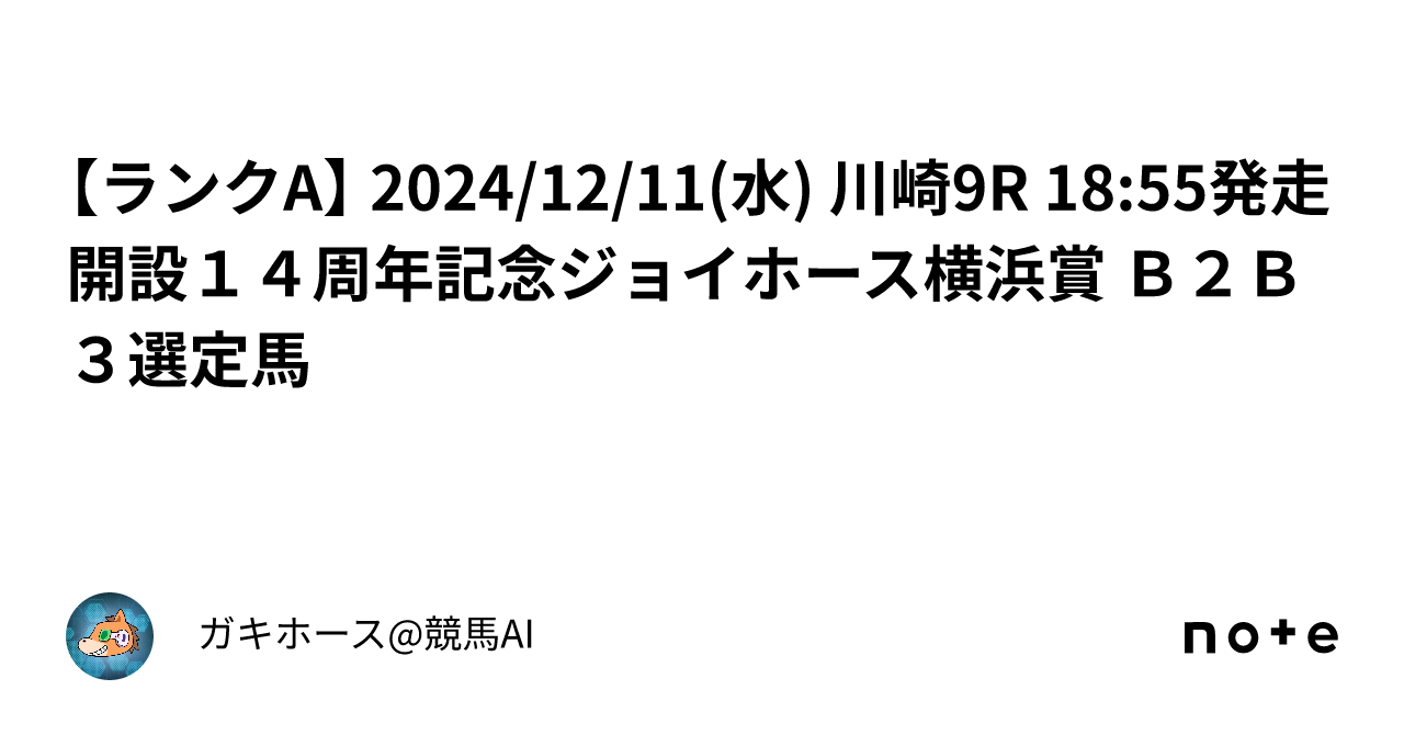 【ランクA】 2024/12/11(水) 川崎9R 18:55発走 開設14周年記念ジョイホース横浜賞 B2B3選定馬｜ガキホース@競馬AI