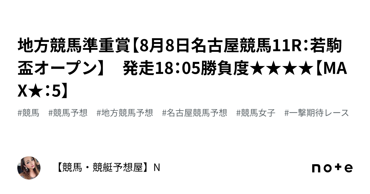 💎地方競馬準重賞【8月8日名古屋競馬11R：若駒盃オープン】 発走18：05勝負度★★★★【MAX★：5】｜【競馬・競艇予想屋】N