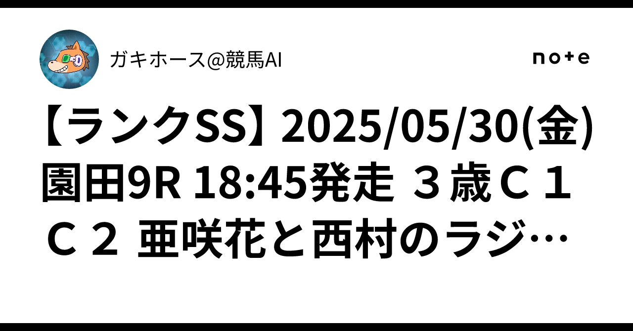 【ランクSS】 2025/05/30(金) 園田9R 18:45発走 3歳C1C2 亜咲花と西村のラジパカ杯3歳｜ガキホース@競馬AI