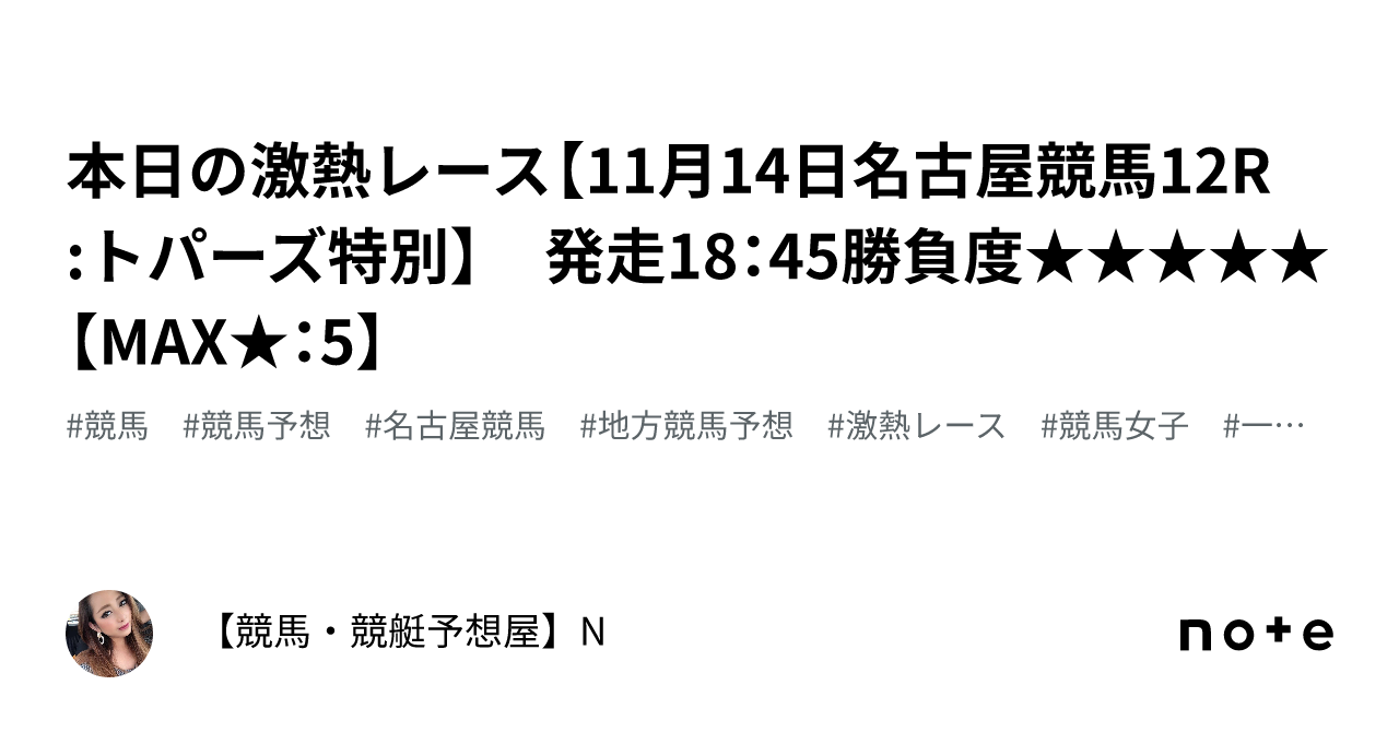 🔥🔥本日の激熱レース【11月14日名古屋競馬12R :トパーズ特別】 発走18：45勝負度★★★★★【MAX★：5】｜【競馬・競艇予想屋】N