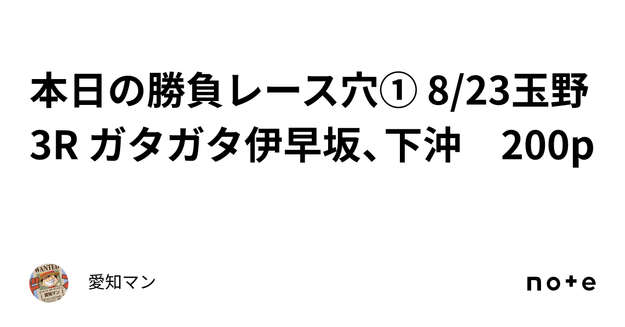 本日の勝負レース穴① 8/23玉野3R ガタガタ伊早坂、下沖 200p｜愛知マン