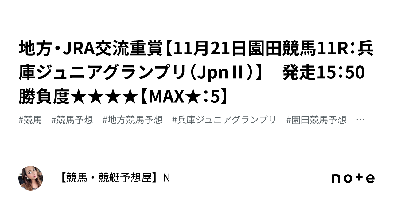 💎💎地方・JRA交流重賞【11月21日園田競馬11R：兵庫ジュニアグランプリ（JpnⅡ）】 発走15：50勝負度★★★★【MAX★：5】｜【競馬・競艇予想屋】N