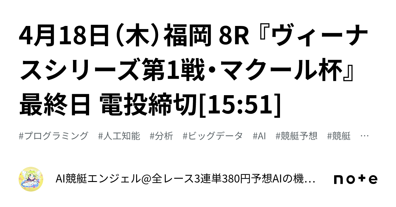 4月18日（木）福岡 8R 『ヴィーナスシリーズ第1戦・マクール杯』 最終日 電投締切[15:51]｜AI競艇エンジェル@全レース3連単380円予想 AIの機械学習で驚異の的中率＆回収率 ...